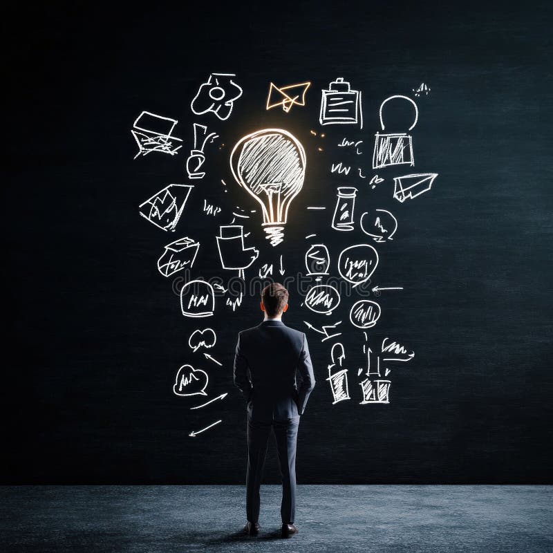Man Brainstorming Ideas on Chalkboard Stock Illustration - Illustration ...