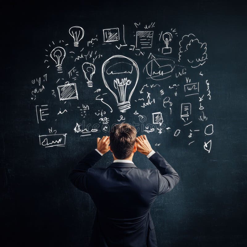 Man Brainstorming Ideas on Chalkboard Stock Illustration - Illustration ...