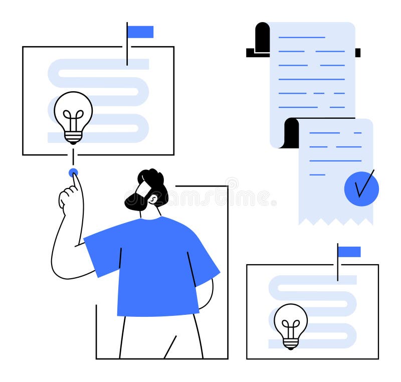 Man Brainstorming Ideas with Notes and Light Bulbs Illustrating Thought ...