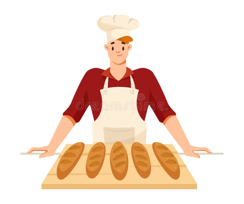 Man Bread Baker in Uniform and Toque Baking Pastry with Loaf Rested on ...