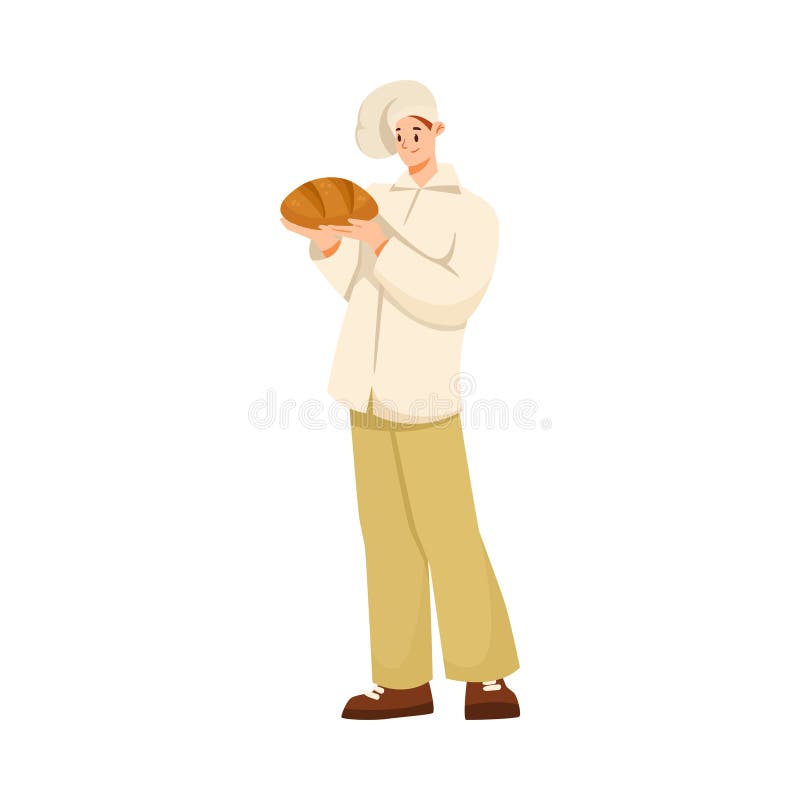 Man Bread Baker in Uniform and Toque Holding Loaf Vector Illustration ...