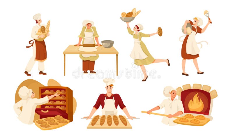 Man Bread Bakers in Uniform and Toque Baking Pastry Vector Set Stock ...