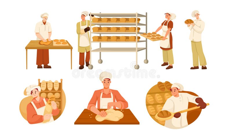 Man Bread Bakers in Uniform and Toque Baking Pastry Vector Set Stock ...