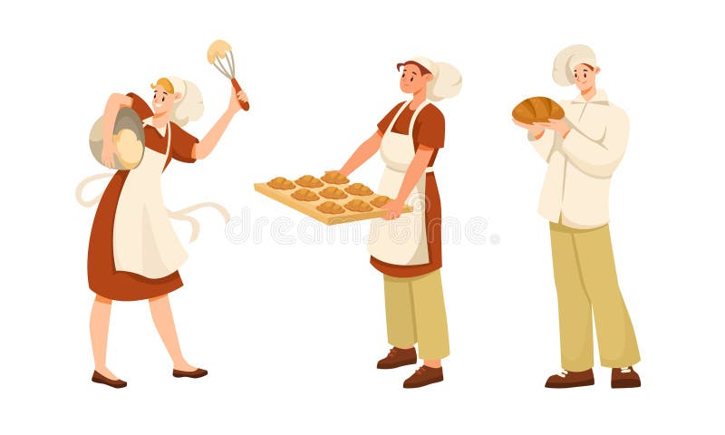 Man Bread Bakers in Uniform and Toque Baking Pastry Vector Set Stock ...