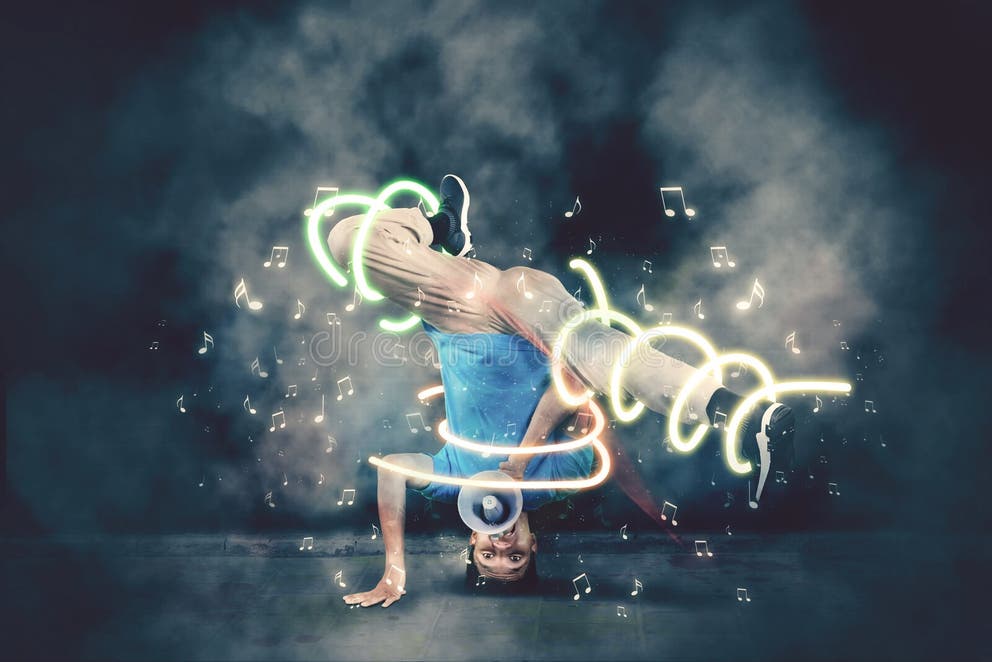 Man Break Dancing while Screaming with Megaphone Stock Photo - Image of ...