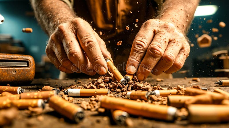 A Man is Breaking a Cigarette into a Pile of Cigarettes Stock Photo ...