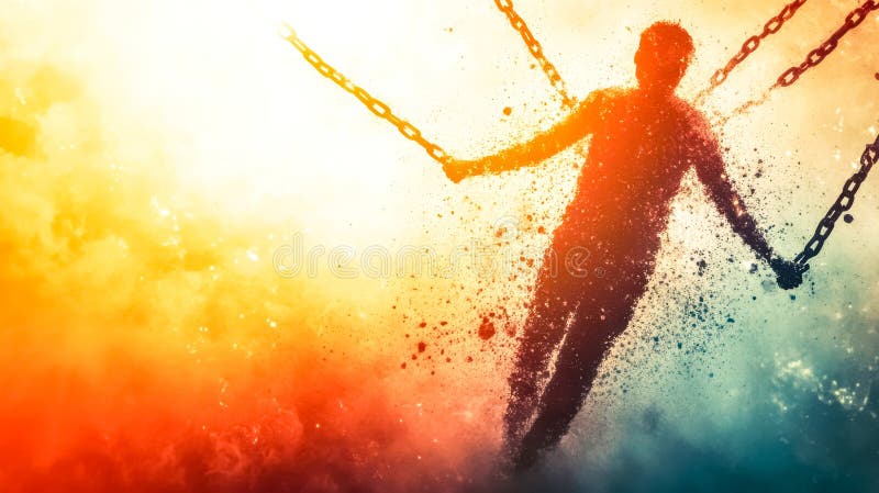 Man Breaking Free from Chains Exploding into Colorful Particles Stock ...