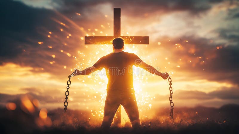 Man Breaking Free from Chains in Front of Glowing Cross at Sunset ...