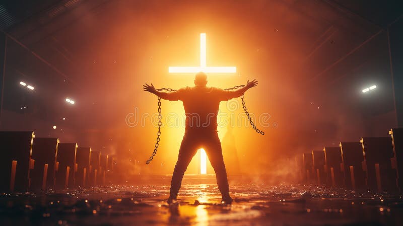 Man Breaking Free from Chains in Front of Glowing Cross Symbolizing ...