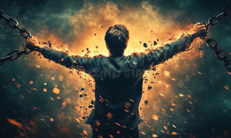 Man Breaking Free from Chains, Surrounded by Explosive Energy and ...
