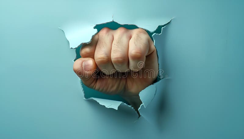Man Breaking through Light Blue Paper with Fist, Closeup. Space for ...