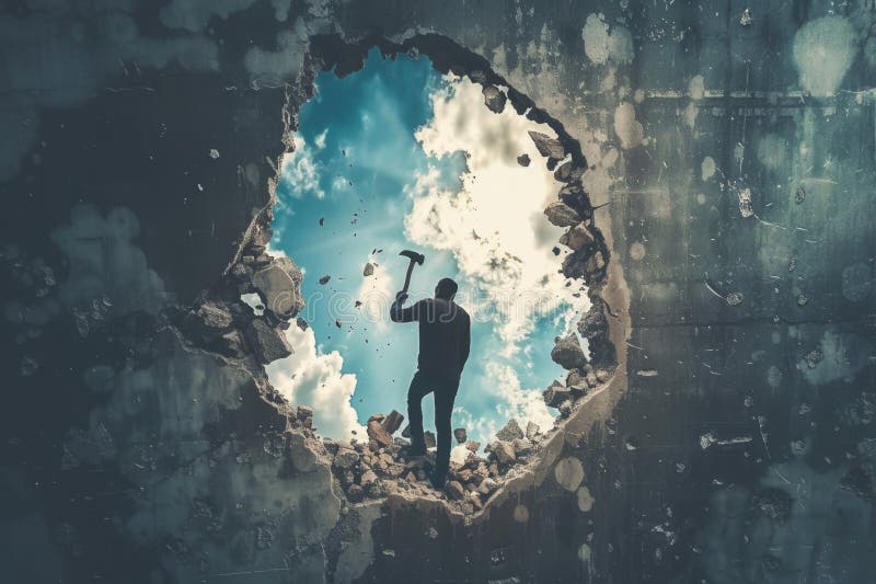 Man Breaking through Wall To a Bright Sky. Conceptual Image about ...
