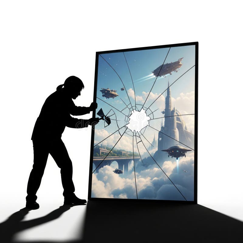 A Man Breaks the Screen with the Image of a Futuristic City. Stock ...