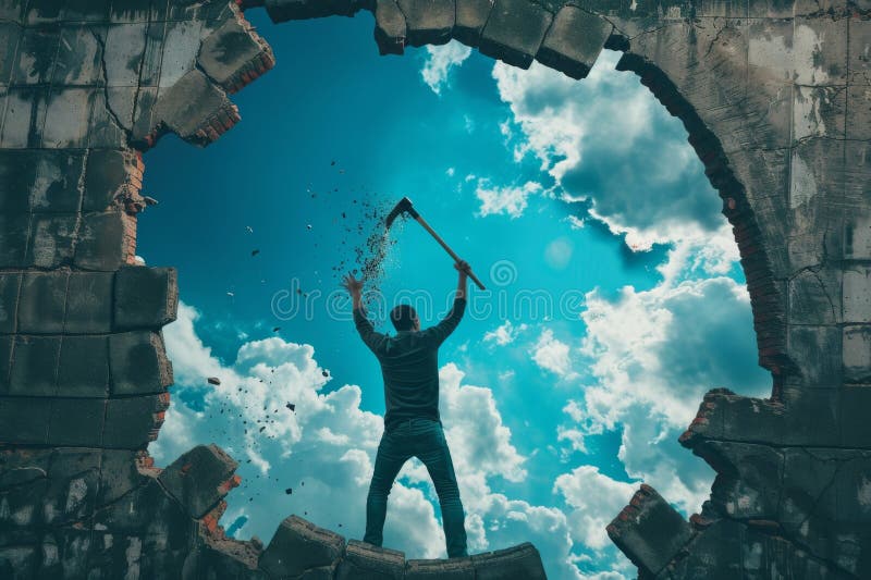 Man Breaks through a Stone Wall with Hammer, Creating a Hole that Opens ...