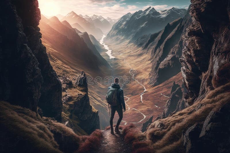 Man, with Breathtaking View of the Valley Below, Ascending Steep and ...