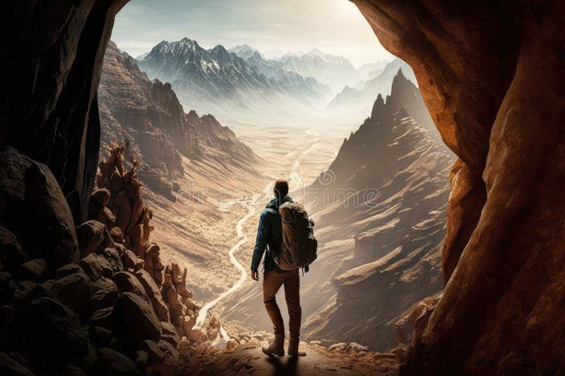 Man, with Breathtaking View of the Valley Below, Ascending Steep and ...