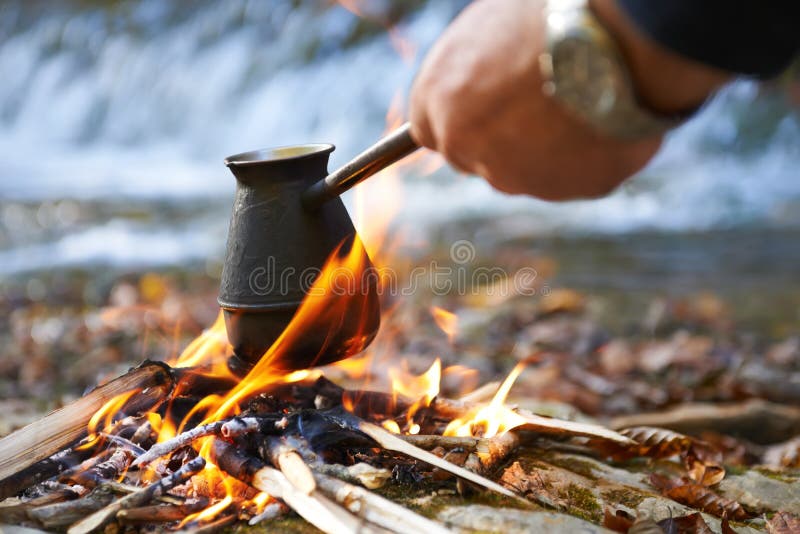 Man Brewing Coffee on Bonfire Stock Image - Image of caffeine, eastern ...
