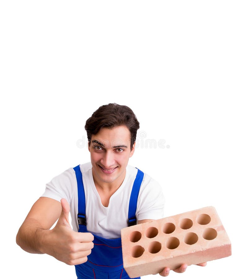 Man with Brick Isolated on White Stock Image - Image of builder, helmet ...