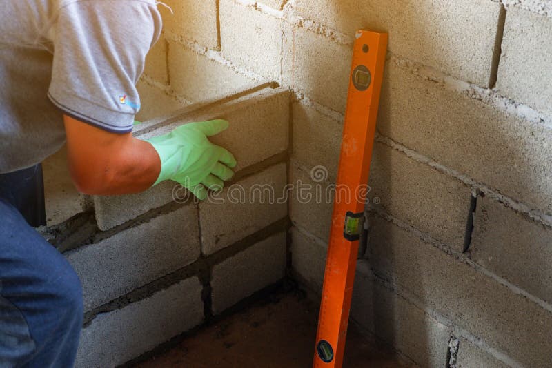 Man Bricklayer Catch Cement Brick Blocks Stock Photo - Image of ...