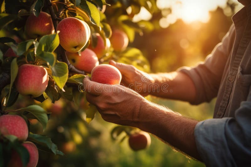 A Man Bring Apples on an Apple Tree at Sunrise Stock Photo - Image of ...