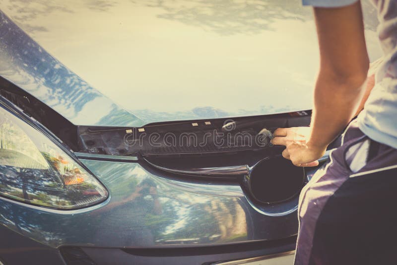 A Man with a Broken Car and he Open Bonnet Stock Image - Image of ...