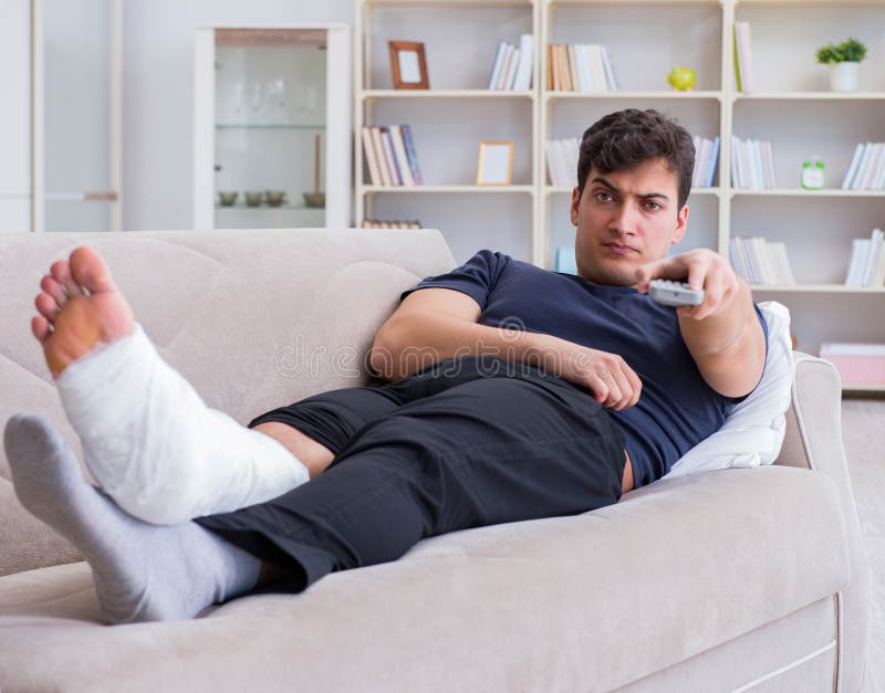 Man with Broken Leg Recovering at Home Stock Image - Image of injury ...