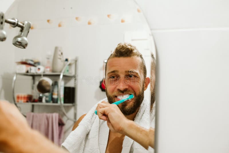 Man Brushing Teeth in Bathroom at Morning Stock Image - Image of care ...