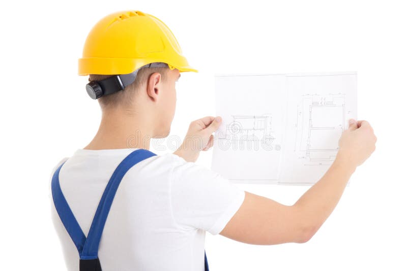 Man Builder in Blue Uniform and Helmet Holding Blueprint Isolate Stock ...