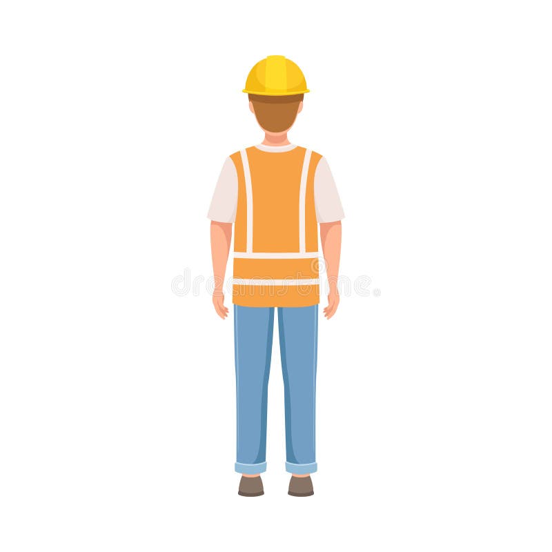Man Builder Character in Hard Hat and Warnvest in Standing Pose Back ...