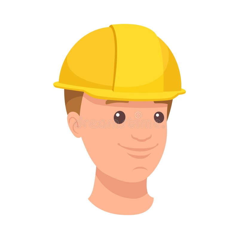 Man Builder Character Head in Yellow Hard Hat and Smiling Face ...