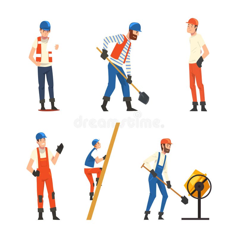 Man Builder Character in Overall and Hard Hat Building House Vector Set ...