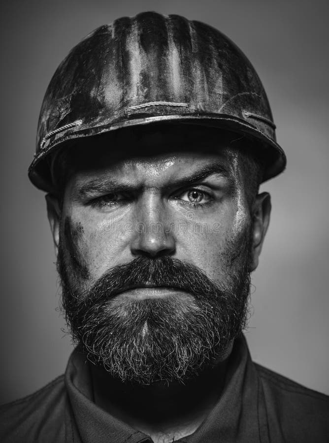 Man Builder. Closeup Portrait of Serious Male Builder in Hard Hat Stock ...