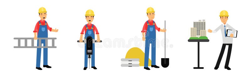 Man Builder and Construction Worker in Hard Hat and Overall Working at ...