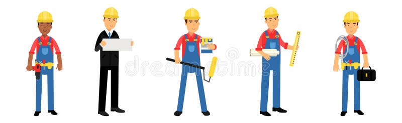 Man Builder and Construction Worker in Hard Hat and Overall Working at ...