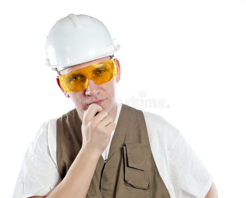 The Man, the Builder, in Goggles and a Helmet.Portrait on a White ...