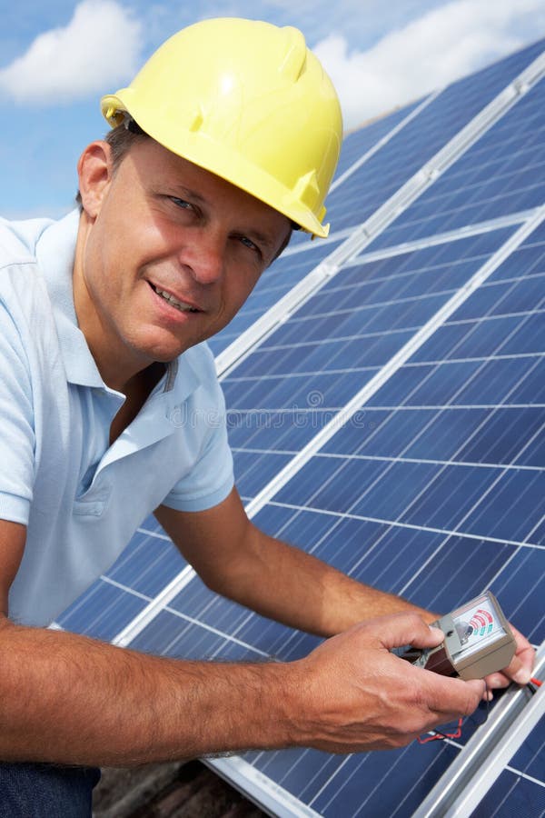 Man Builder Installing Solar Panels Stock Photo - Image of installing ...