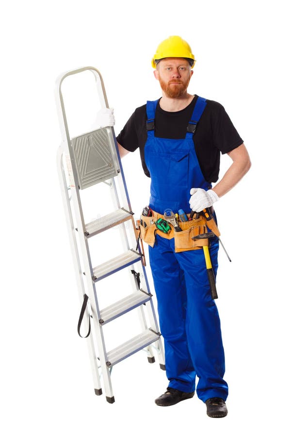Man Builder with a Ladder, Isolated Stock Image - Image of construction ...