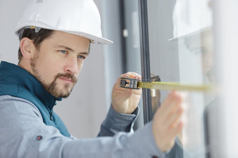 Man Builder Measuring Window Stock Image - Image of background, outside ...