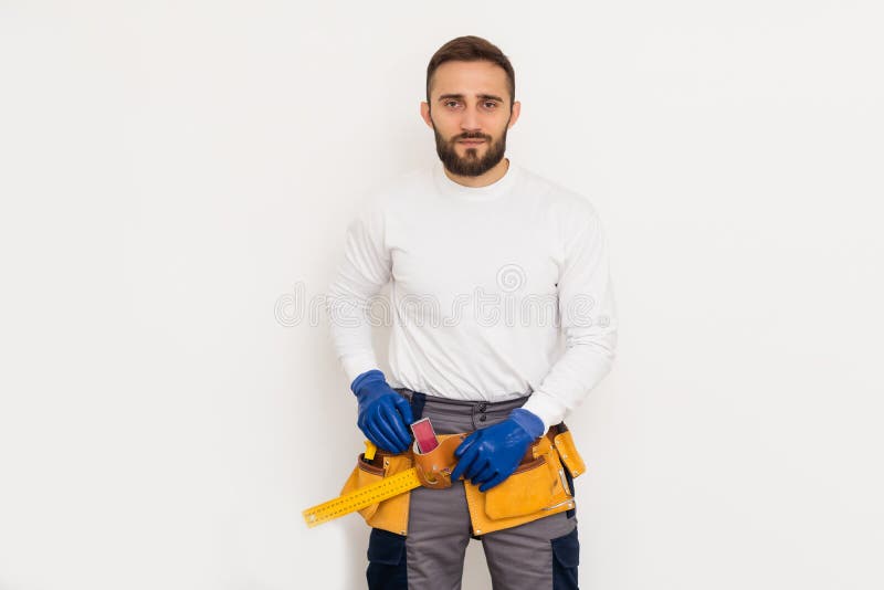 Man Builder Robe Overalls White Background Isolate Copy Space Stock ...