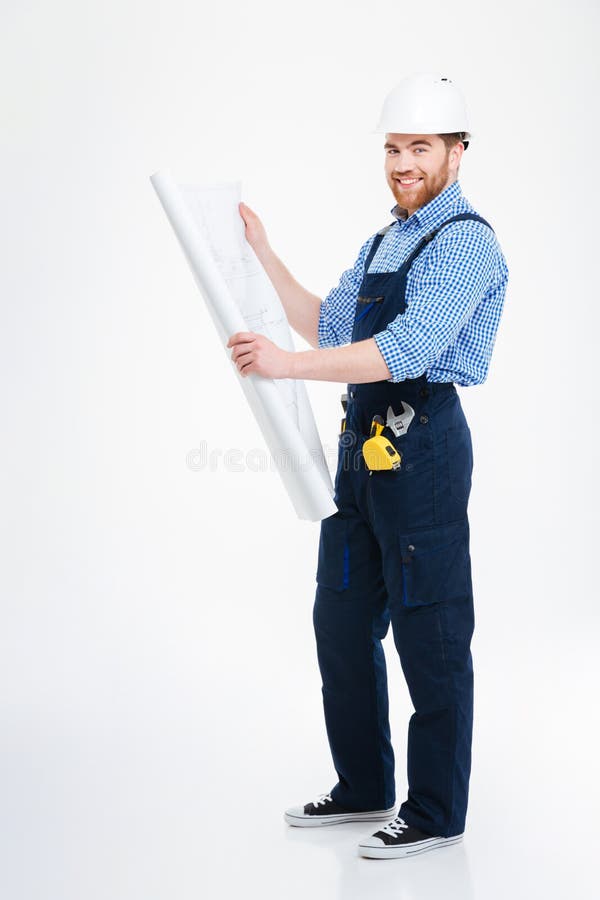 Man Builder Standing and Working with Blueprint Stock Image - Image of ...