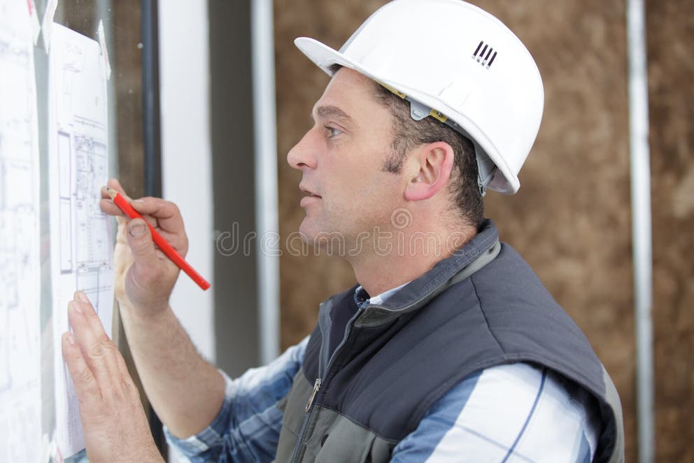 Man Builder Taking Notes on Blueprint Stock Image - Image of designer ...