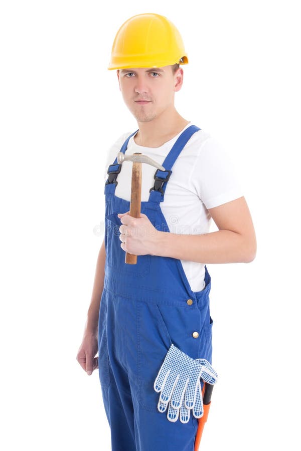 Man in Builder Uniform and Helmet with Hammer Isolated on White Stock ...