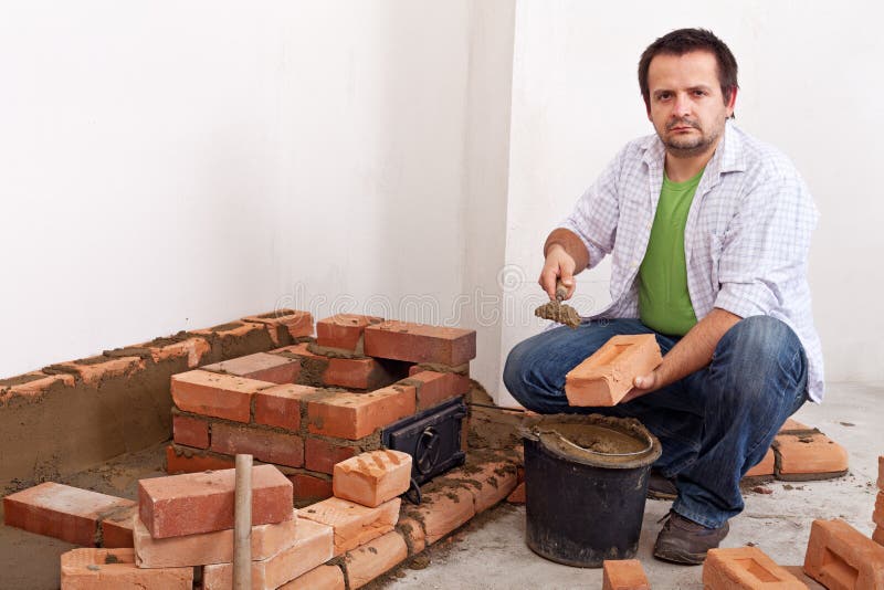 Man Building a Brick Stove or Fireplace Stock Image - Image of home ...