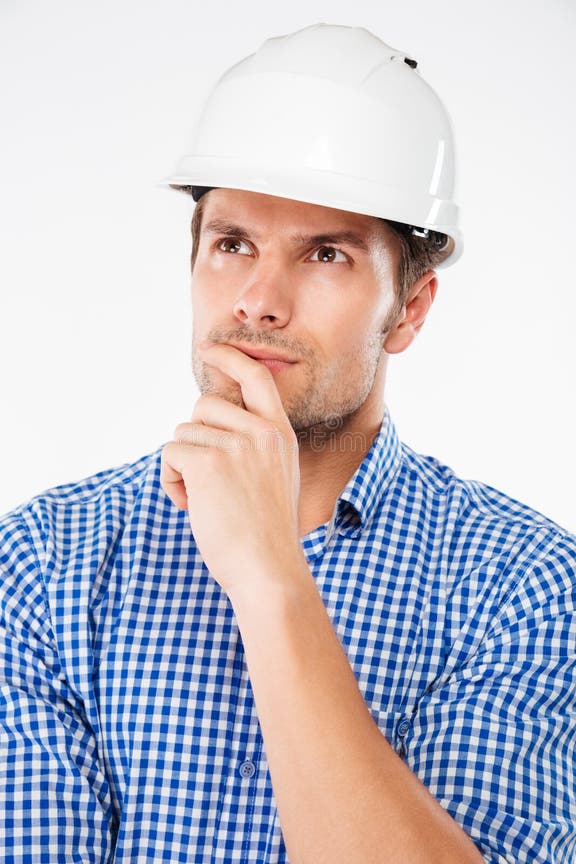 Man Building Engineer in Helmet Standing and Thinking Stock Photo ...