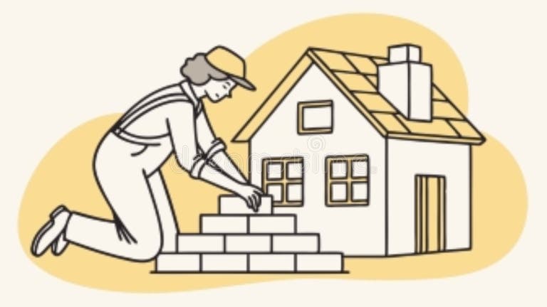 Man Building a House, Laying Bricks and Construction. Vector Design ...