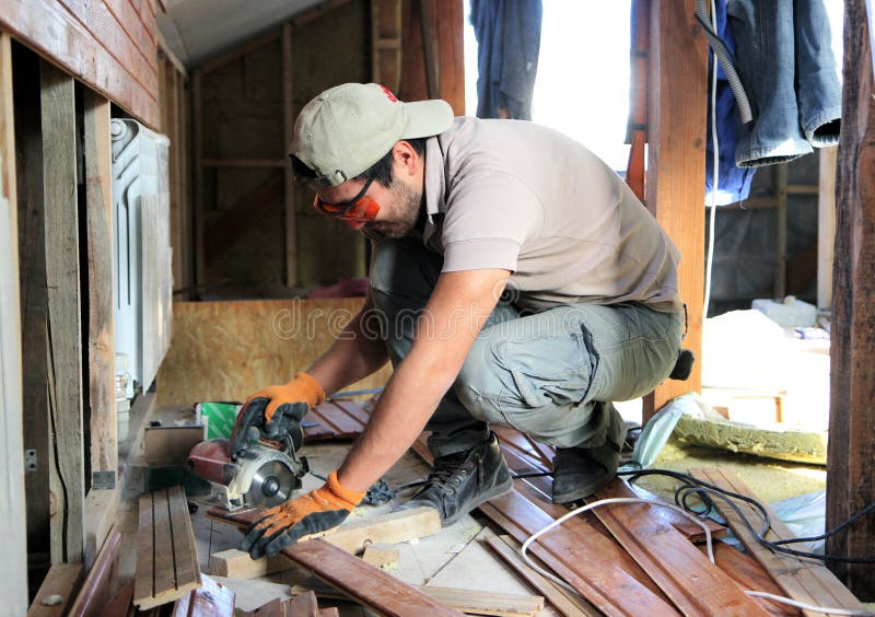 Man Building a House and Workimg with Wood Stock Image - Image of ...