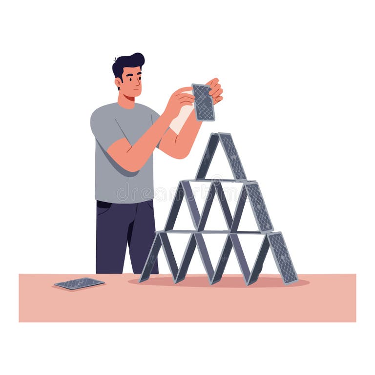 Man Building Pyramid Structure with Playing Cards on Table in Casual ...