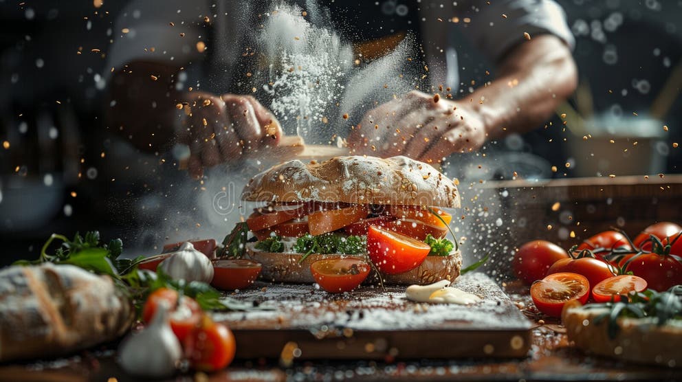 Man Building a Sandwich with Ingredients on Wooden Cutting Board Stock ...