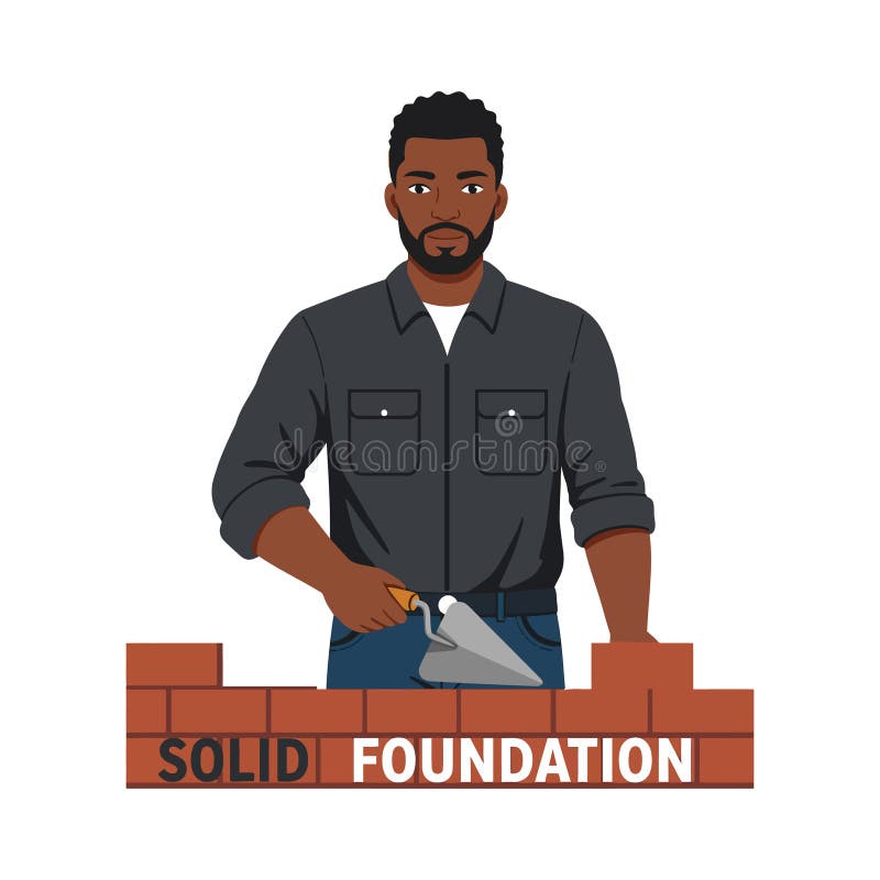 Man Building Solid Foundation Brick Wall with Trowel Construction Concept Vector Illustration ...
