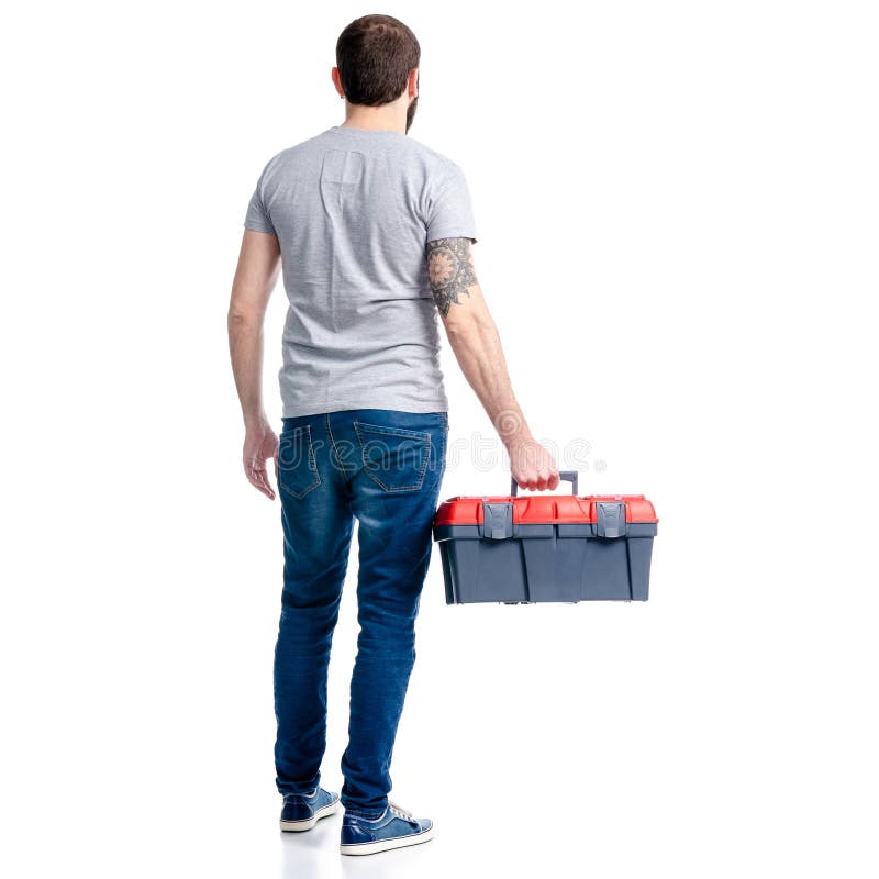 Man with Building Tools Box and Helmet in Hand Stock Photo - Image of ...